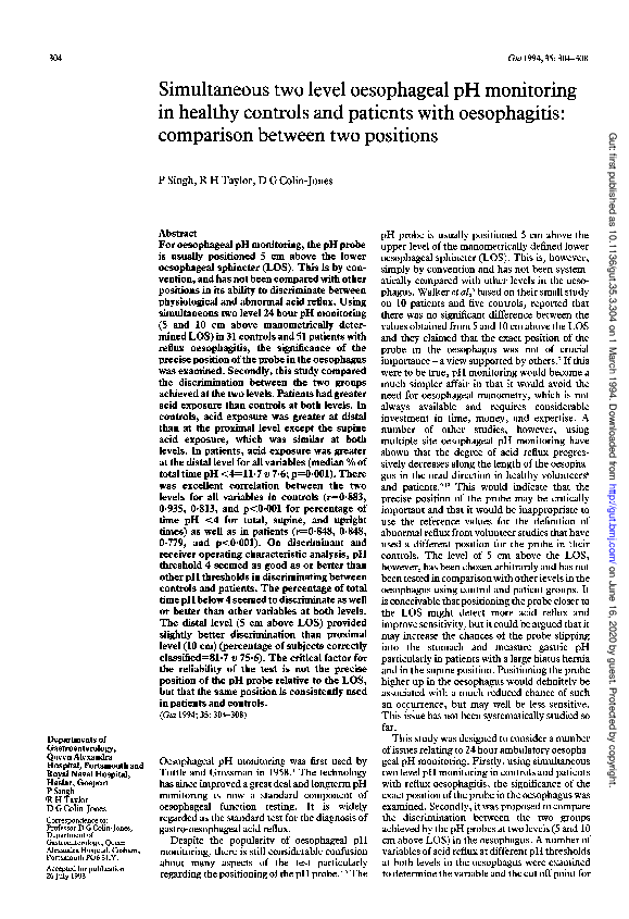 (PDF) Simultaneous two level oesophageal pH monitoring in healthy ...
