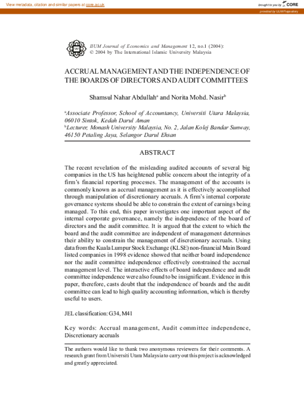 (PDF) Accrual Management and the Independence of the Boards of Directors and Audit Committees