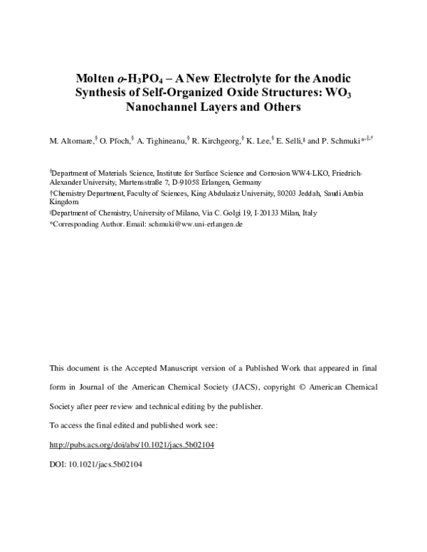 (PDF) Molten o-H3PO4 - A New Electrolyte for the Anodic Synthesis of Self-Organized Oxide ...