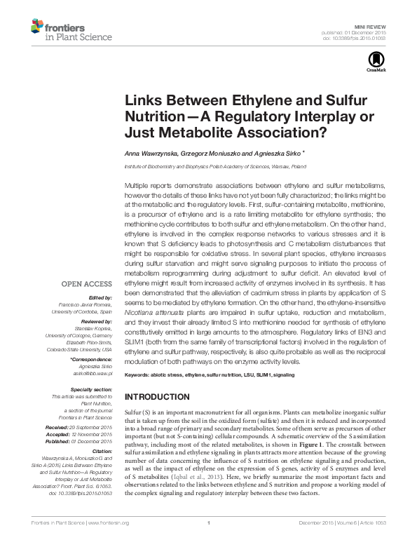 (PDF) Links Between Ethylene and Sulfur Nutrition—A Regulatory ...