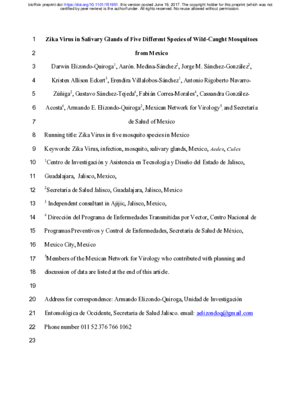 (PDF) Zika Virus in Salivary Glands of Five Different Species of Wild ...