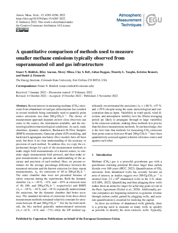 (PDF) A quantitative comparison of methods used to measure smaller methane emissions typically ...