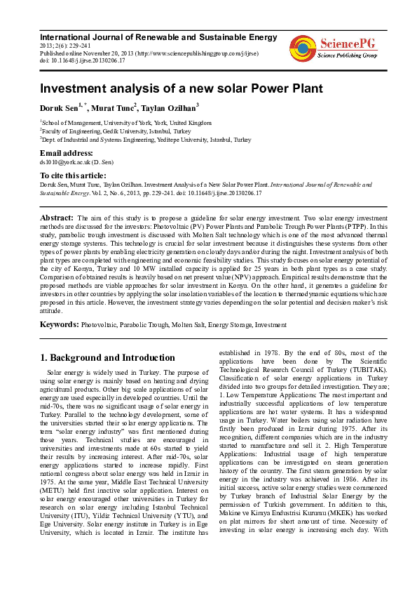 (PDF) Investment Analysis of a New Solar Power Plant