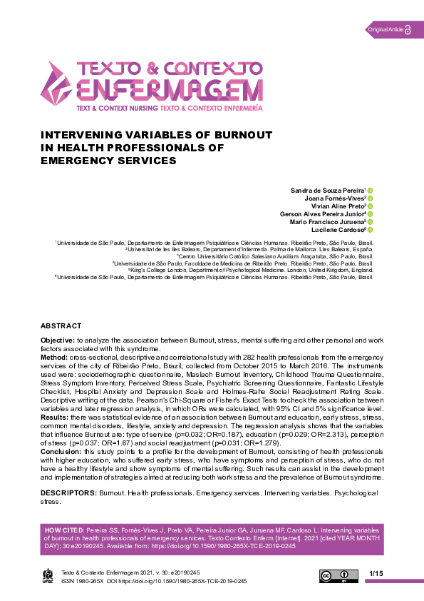 (PDF) Intervening Variables of Burnout in Health Professionals of ...