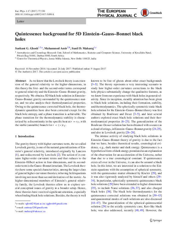 (PDF) Quintessence background for 5D Einstein–Gauss–Bonnet black holes