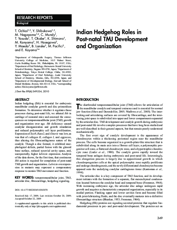 (PDF) Indian Hedgehog Roles in Post-natal TMJ Development and Organization