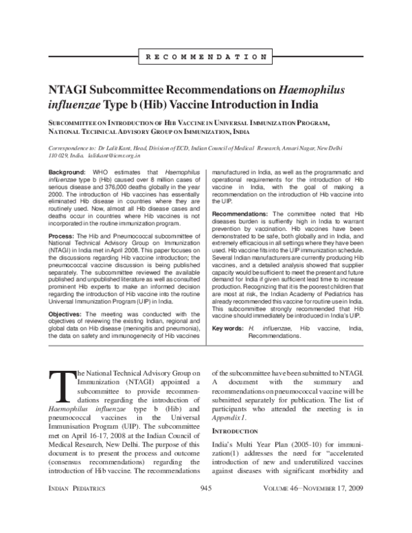 (PDF) NTAGI subcommittee recommendations on Haemophilus influenzae type ...