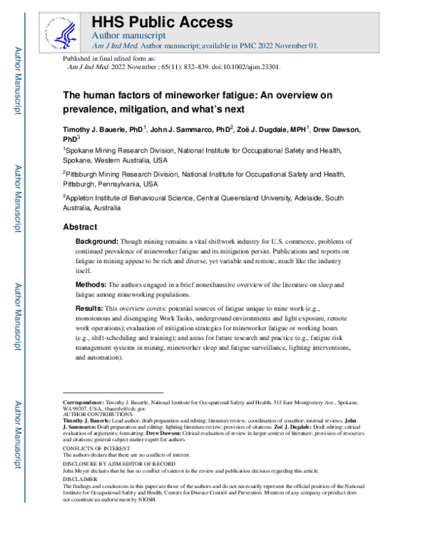 (PDF) The human factors of mineworker fatigue: An overview on prevalence, mitigation, and what's ...