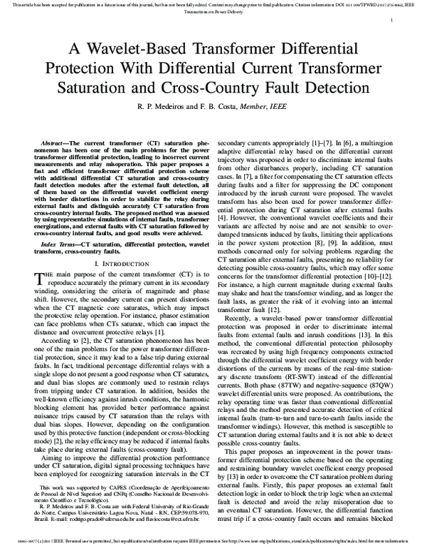 (PDF) A Wavelet-Based Transformer Differential Protection: Internal ...