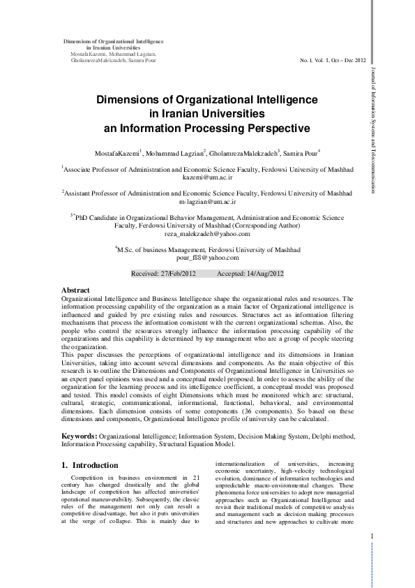 (PDF) Dimensions of Organizational Intelligence in Iranian Universities ...
