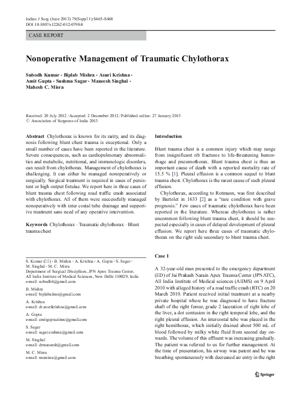 (PDF) Nonoperative Management of Traumatic Chylothorax