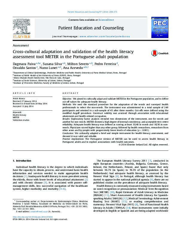 Pdf Cross Cultural Adaptation And Validation Of The Health Literacy Assessment Tool Meter In