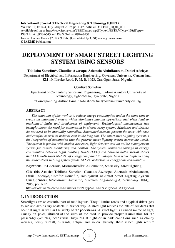 (PDF) Deployment of Smart Street Lighting System Using Sensors