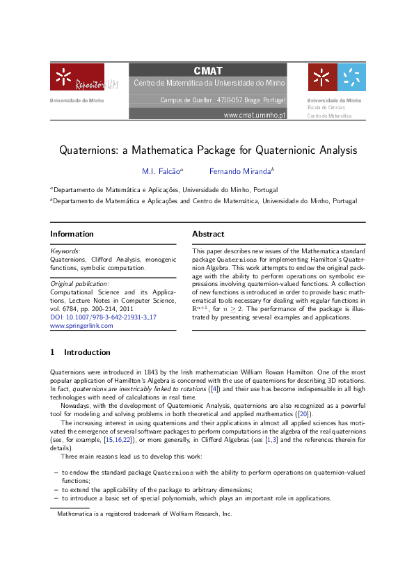 (PDF) Quaternions: A mathematica package for quaternionic analysis