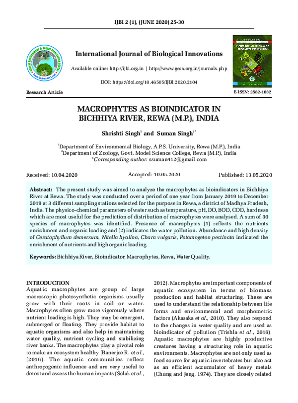 (PDF) Macrophytes as Bioindicator in Bichhiya River, Rewa (M.P.), India