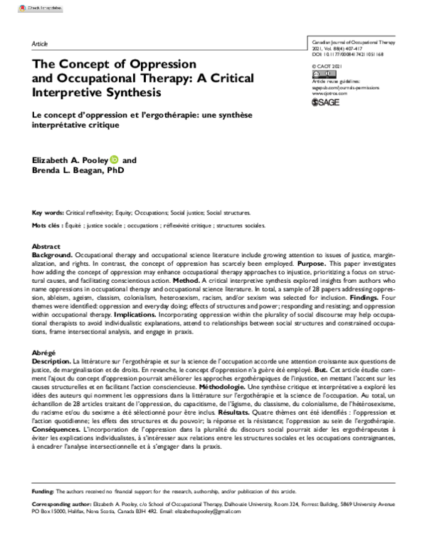 (PDF) Pooley EA, Beagan BL. The Concept of Oppression and Occupational ...