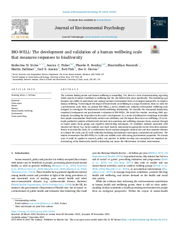 (PDF) BIO-WELL: The development and validation of a human wellbeing ...