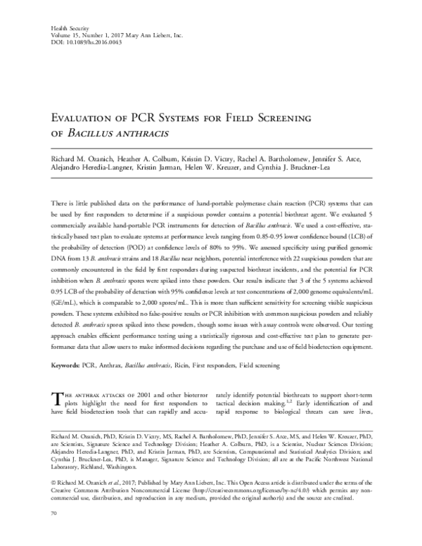 Pdf Evaluation Of Pcr Systems For Field Screening Of Bacillus Anthracis