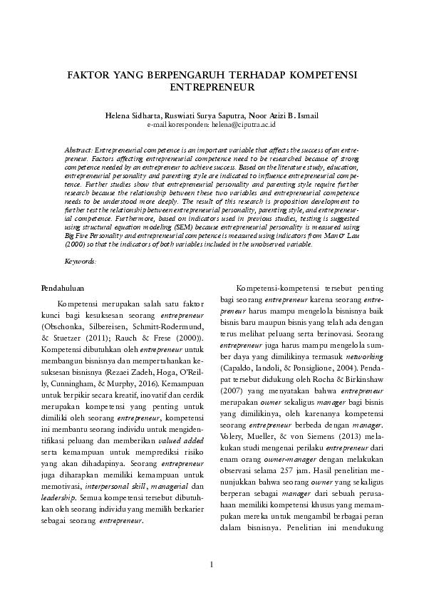(PDF) Faktor Yang Berpengaruh Terhadap Kompetensi Entrepreneur