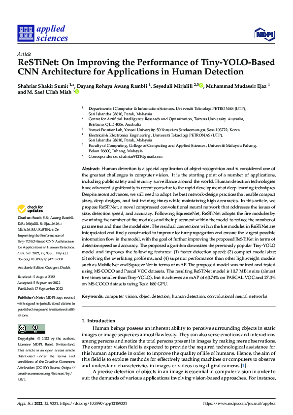 (PDF) ReSTiNet: On Improving the Performance of Tiny-YOLO-Based CNN Architecture for ...