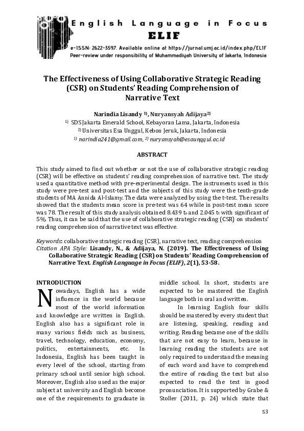 (PDF) The Effectiveness of Using Collaborative Strategic Reading (CSR) on Students’ Reading ...
