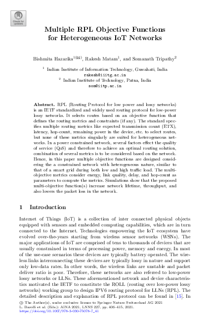 Pdf Multiple Rpl Objective Functions For Heterogeneous Iot Networks 5786