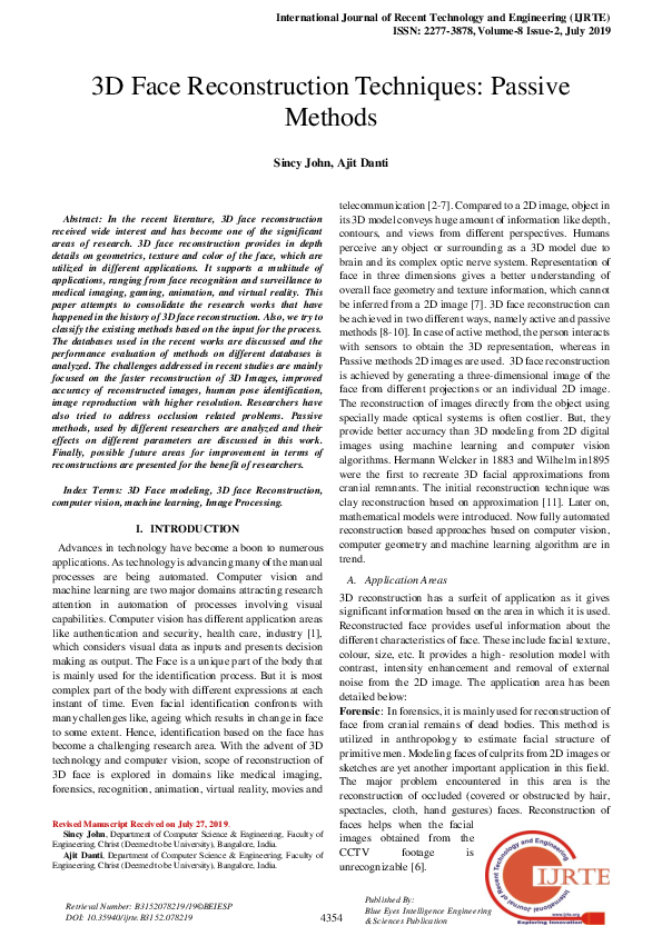 (PDF) 3D Face Reconstruction Techniques: Passive Methods