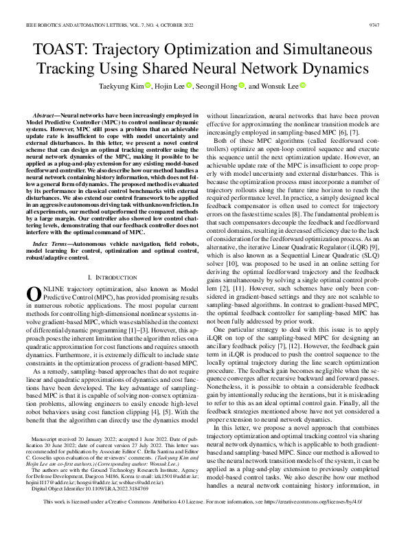 Pdf Toast Trajectory Optimization And Simultaneous Tracking Using Shared Neural Network Dynamics