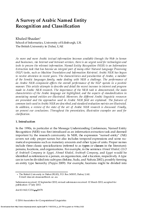 (PDF) A Survey of Arabic Named Entity Recognition and Classification
