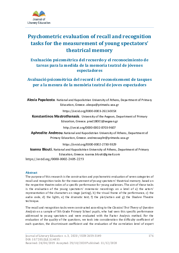 (PDF) Psychometric Assessment of Theatrical Memory in Youth