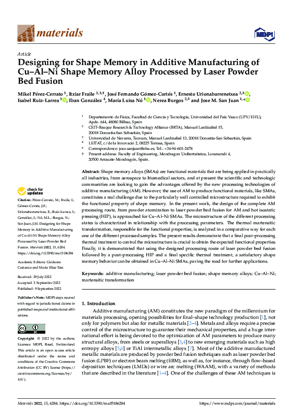 (PDF) Designing for Shape Memory in Additive Manufacturing of Cu–Al–Ni Shape Memory Alloy ...