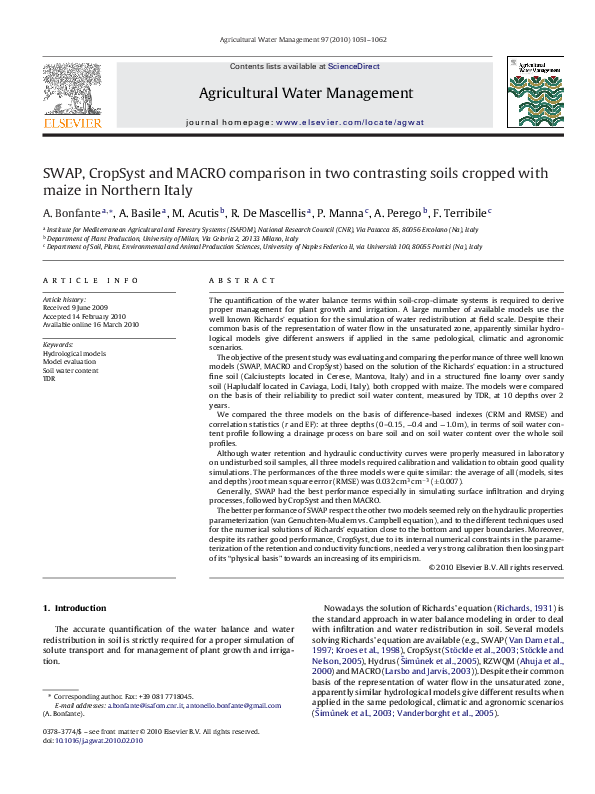 (PDF) SWAP, CropSyst and MACRO comparison in two contrasting soils cropped with maize in ...