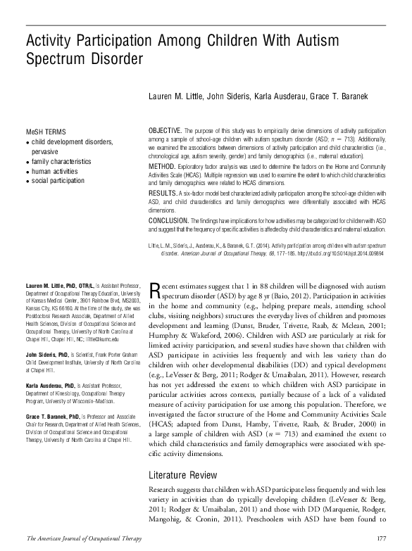 (PDF) Activity Participation Among Children With Autism Spectrum Disorder