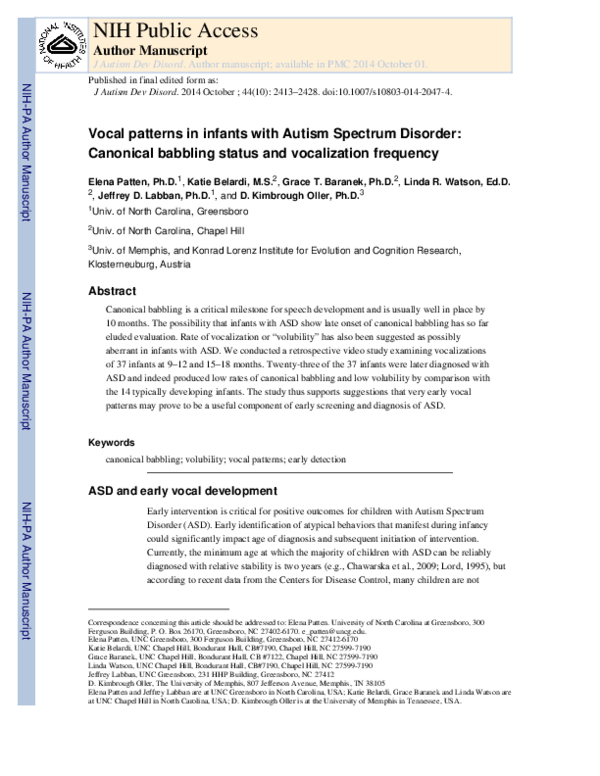 (PDF) Vocal Patterns in Infants with Autism Spectrum Disorder ...