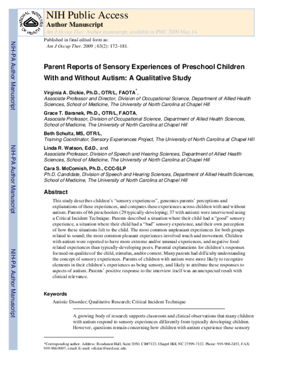 (PDF) Parent Reports of Sensory Experiences of Preschool Children With and Without Autism: A ...