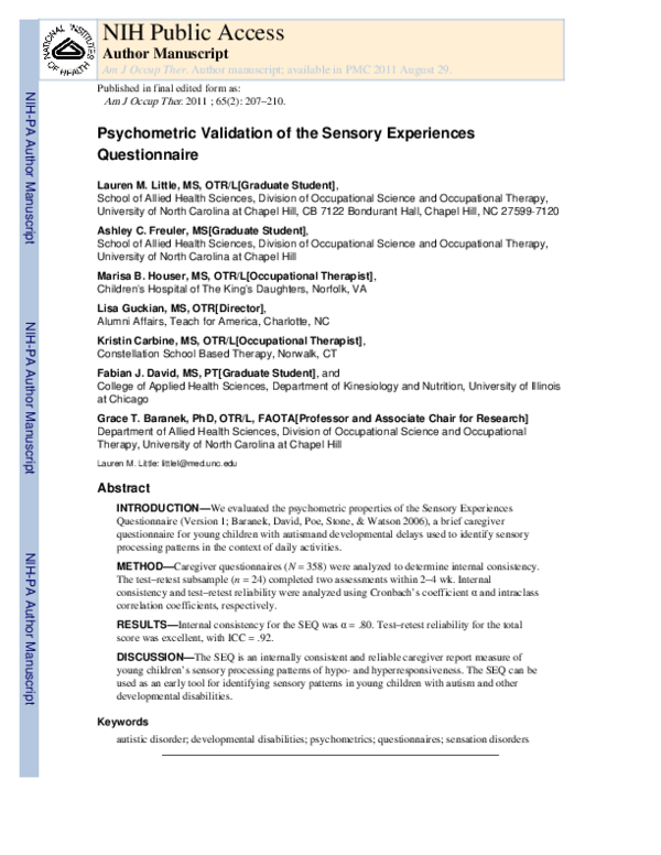 (PDF) Psychometric Validation of the Sensory Experiences Questionnaire