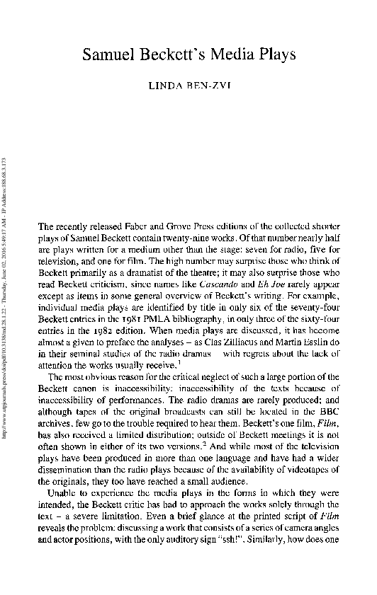 (PDF) Samuel Beckett's Media Plays