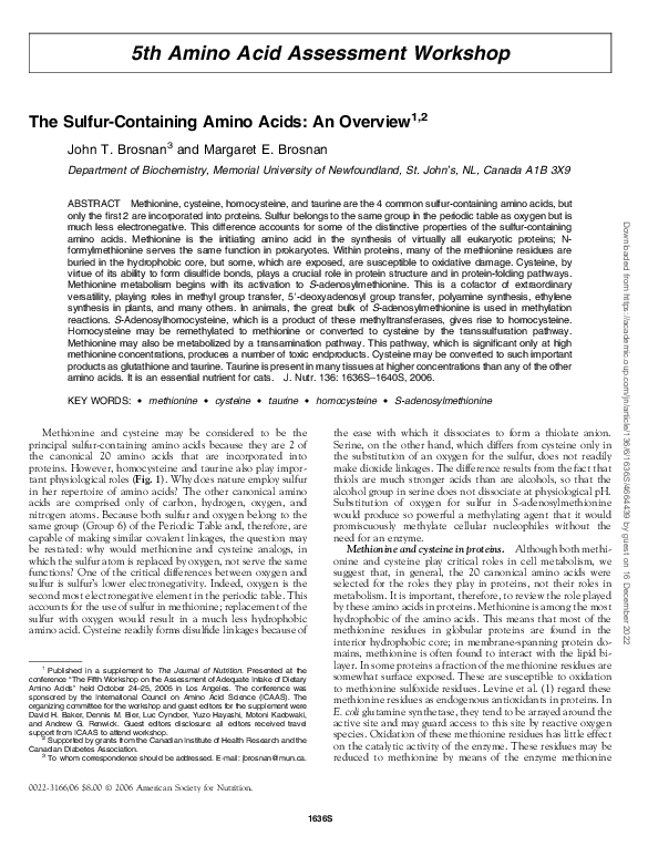 (PDF) The sulfur-containing amino acids: an overview