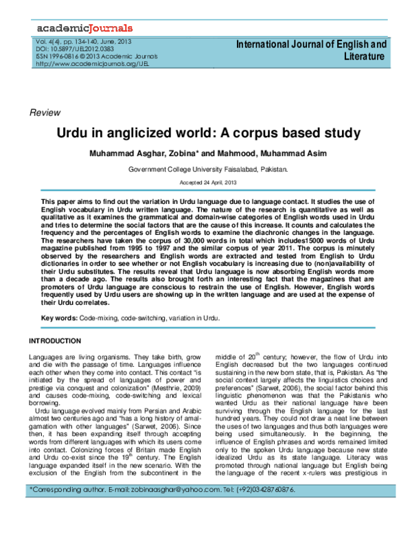 (PDF) Urdu in anglicized world: A corpus based study