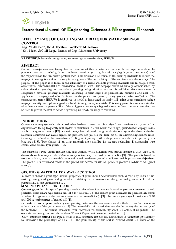 (PDF) Effectiveness of Grouting Materials for Water Seepage Control