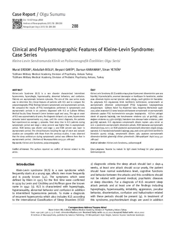 (PDF) Clinical and Polysomnographic Features of Kleine-Levin Syndrome ...
