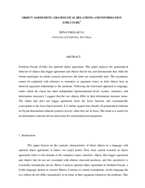(PDF) Object Agreement, Grammatical Relations, and Information Structure