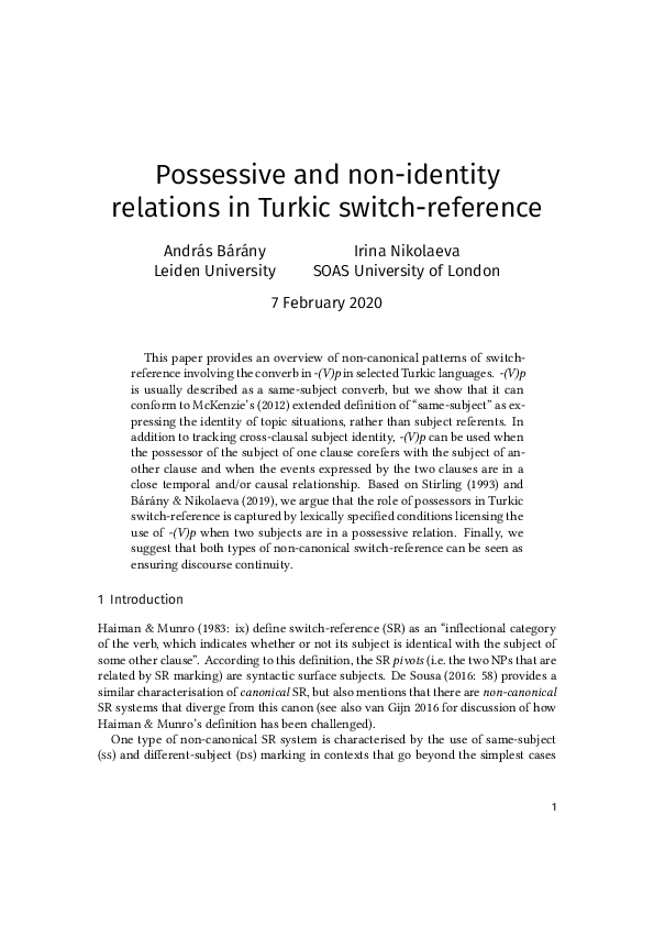 Possessive and non-identity relations in Turkic switch-reference