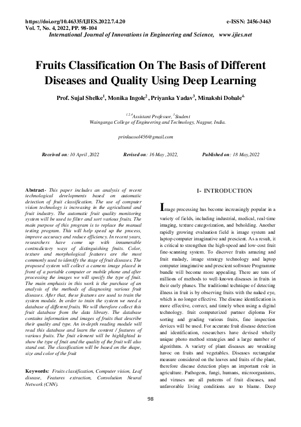 (PDF) Fruits Classification On The Basis of Different Diseases and Quality Using Deep Learning