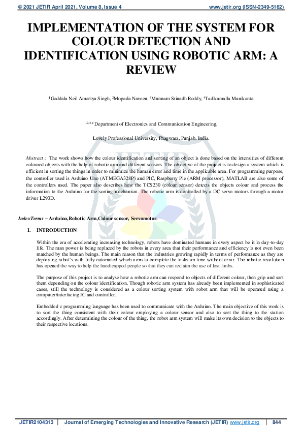 Pdf Implementation Of The System For Colour Detection And Identification Using Robotic Arm A