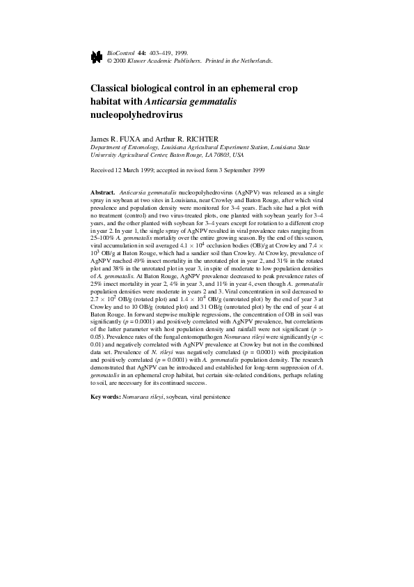 (PDF) Classical biological control in an ephemeral crop habitat with ...