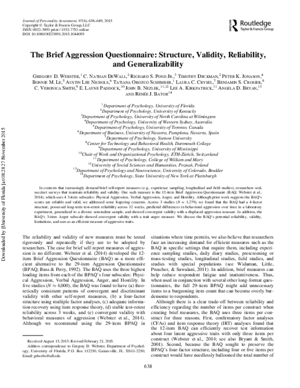 (PDF) The Brief Aggression Questionnaire: Structure, Validity, Reliability, and Generalizability