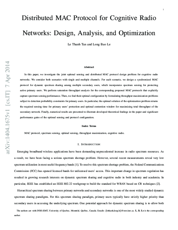 Pdf Distributed Mac Protocol For Cognitive Radio Networks Design Analysis And Optimization 8798