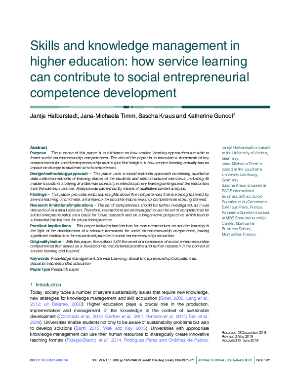 (PDF) Skills and knowledge management in higher education: how service learning can contribute ...