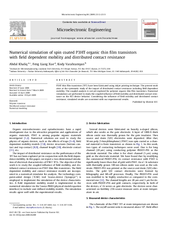 (PDF) Numerical simulation of spin coated P3HT organic thin film transistors with field ...